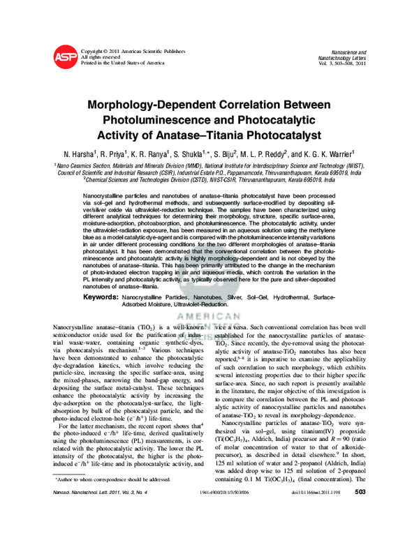(PDF) Morphology-Dependent Correlation Between Photoluminescence and ... (PDF) Morphology-Dependent Correlation Between Photoluminescence and ...