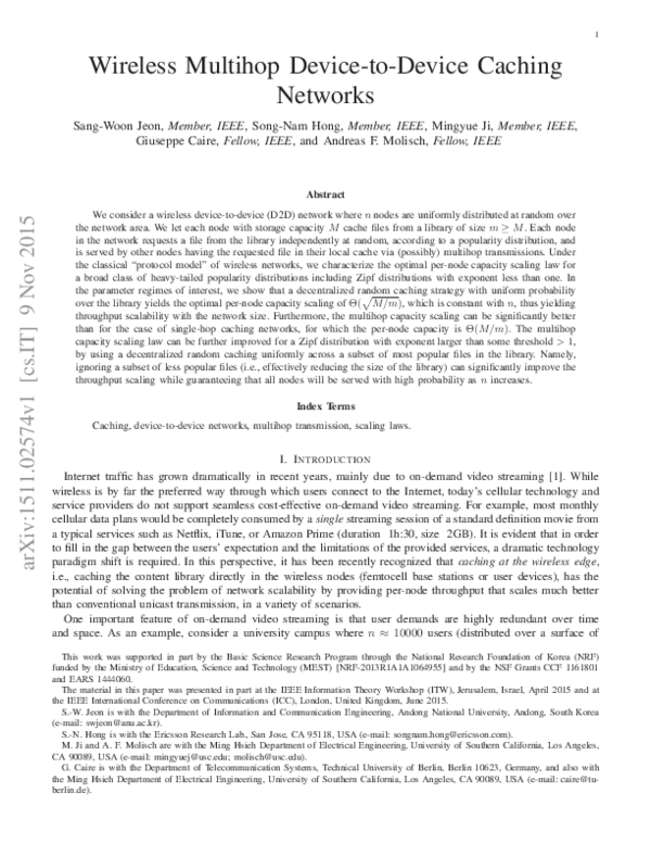 (PDF) Wireless Multihop Device-to-Device Caching Networks