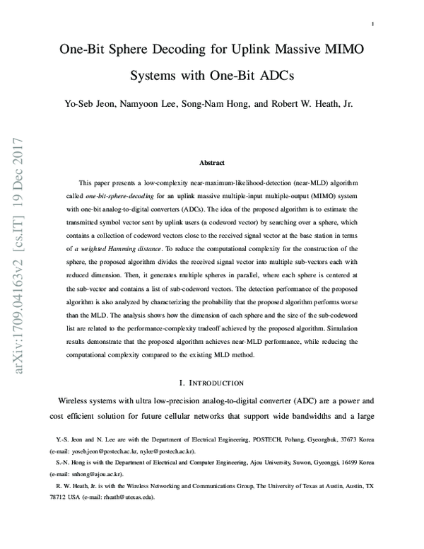 Pdf One Bit Sphere Decoding For Uplink Massive Mimo Systems With One Bit Adcs Song Nam Hong