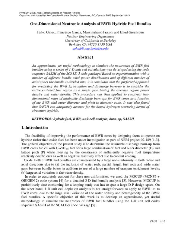 (PDF) One-Dimensional Neutronic Analysis of BWR Hydride Fuel Bundles