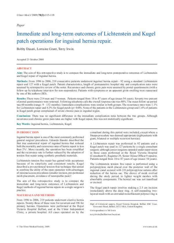 (PDF) Immediate and long-term outcomes of Lichtenstein and Kugel patch ...