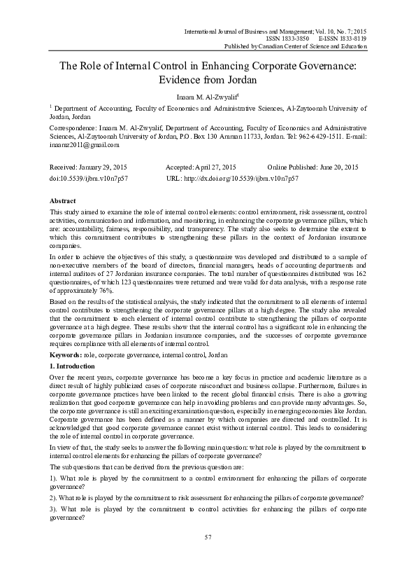 (PDF) The Role of Internal Control in Enhancing Corporate Governance: Evidence from Jordan