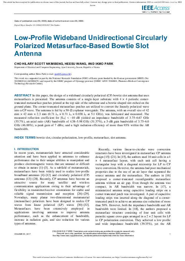 (PDF) Low-Profile Wideband Unidirectional Circularly Polarized Metasurface-Based Bowtie Slot Antenna