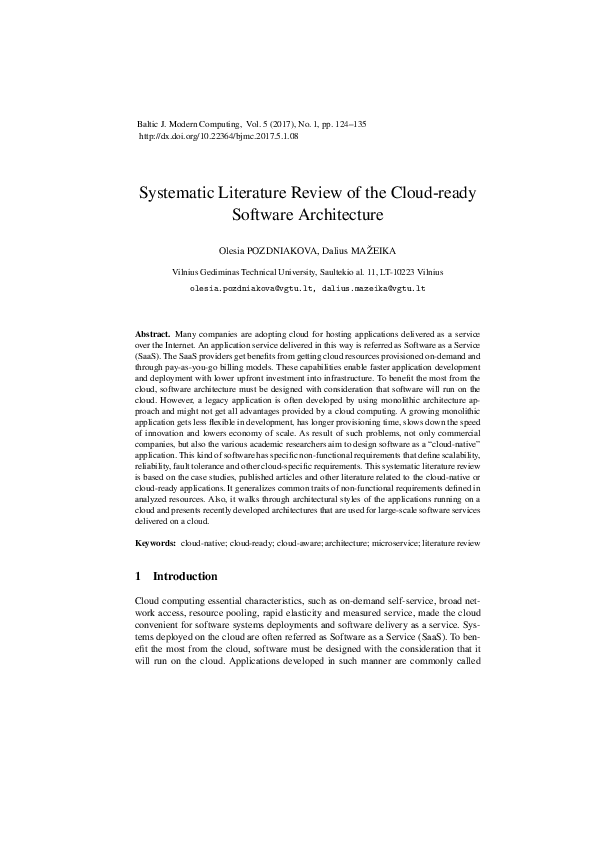 (PDF) Systematic Literature Review of the Cloud-ready Software Architecture