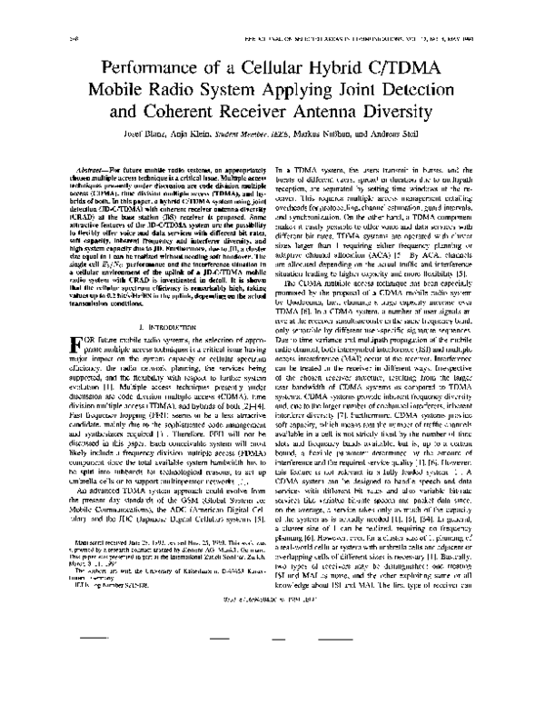 (PDF) Performance of a cellular hybrid C/TDMA mobile radio system applying joint detection and ...