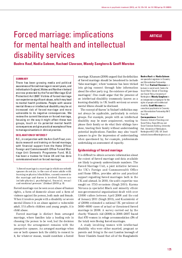 (PDF) Forced marriage: implications for mental health and intellectual ...