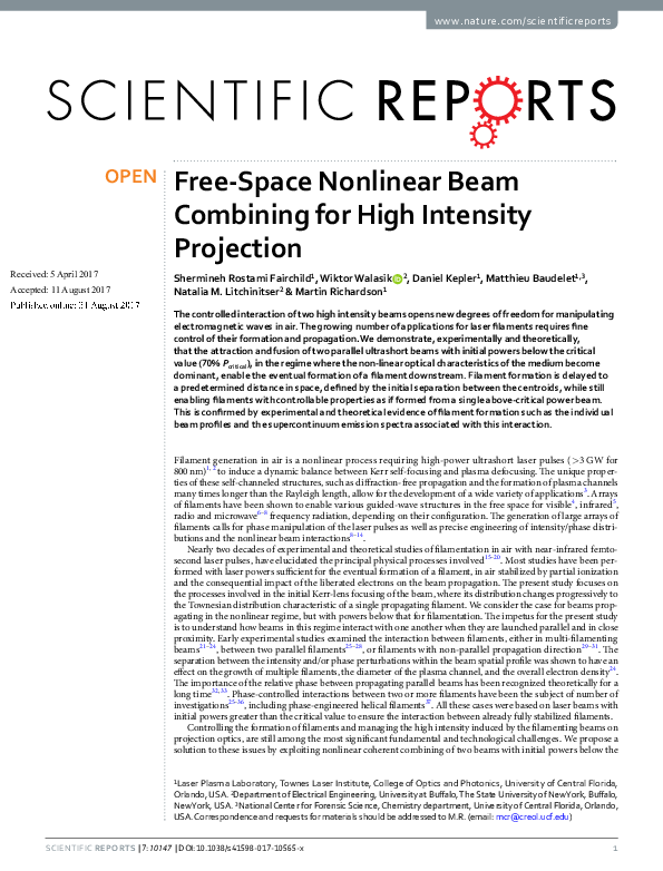 (PDF) Free-Space Nonlinear Beam Combining for High Intensity Projection