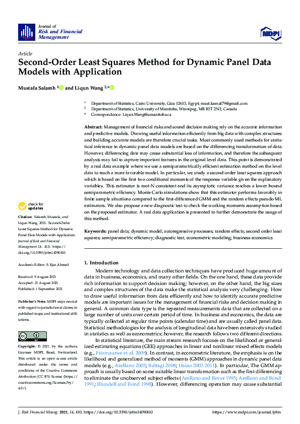 Pdf Second Order Least Squares Method For Dynamic Panel Data Models With Application
