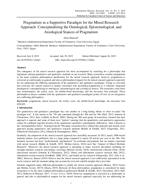 (PDF) Pragmatism as a Supportive Paradigm for the Mixed Research ...