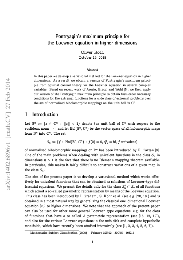 (PDF) Pontryagin's maximum principle for the Loewner equation in higher ...