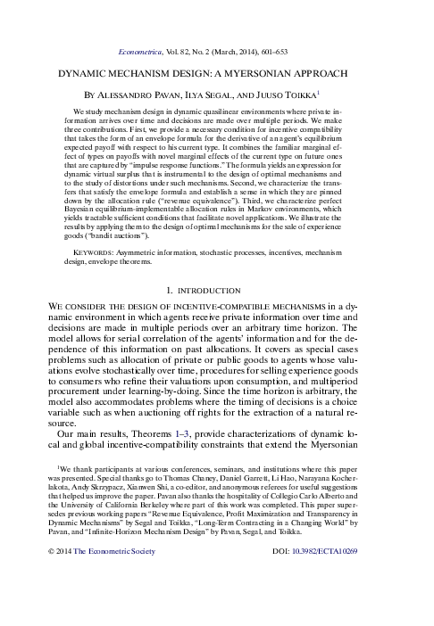 (PDF) Dynamic Mechanism Design: A Myersonian Approach