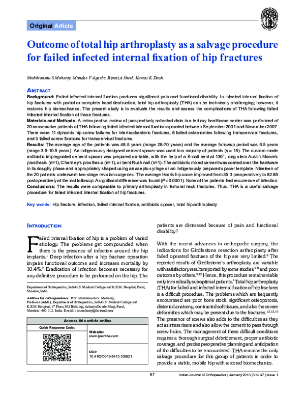 (PDF) Outcome of total hip arthroplasty as a salvage procedure for ...