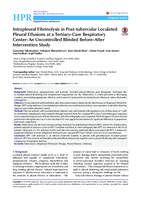 (PDF) Intrapleural Fibrinolysis in Post-tubercular Loculated Pleural ...