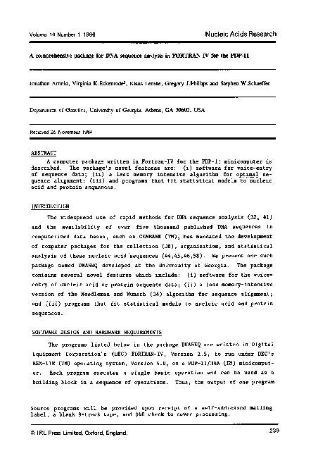 (PDF) A Comprehensive Package for Dna-Sequence Analysis in Fortran-IV for the PDP-11 | Stephen ...