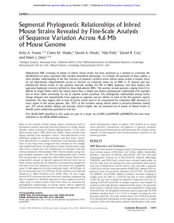 (PDF) Segmental Phylogenetic Relationships of Inbred Mouse Strains Revealed by Fine-Scale ...