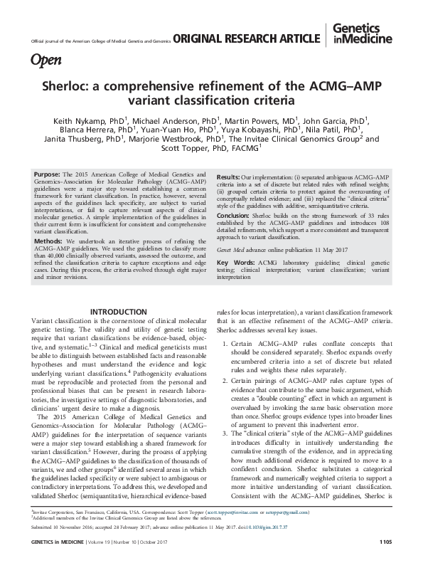 (PDF) Sherloc: a comprehensive refinement of the ACMG-AMP variant ...
