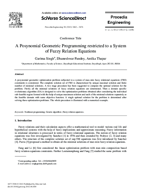 (PDF) A Posynomial Geometric Programming Restricted to a System of Fuzzy Relation Equations