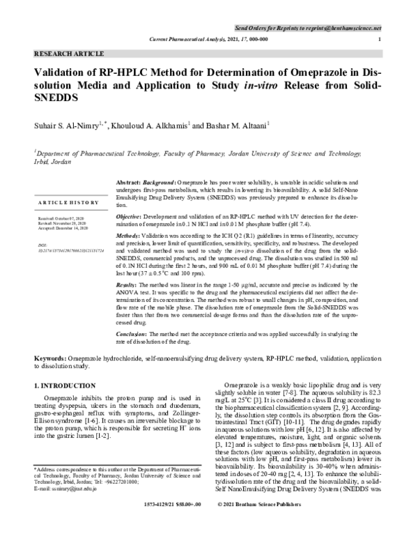 (PDF) Validation of RP-HPLC Method for Determination of Omeprazole in Dissolution Media and ...