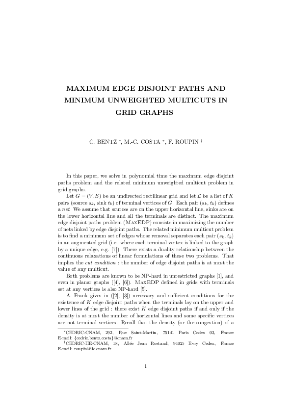 (PDF) Maximum Edge Disjoint Paths and Minimum Unweighted Multicut Problems in Grid Graphs
