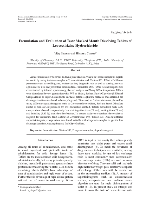 Pdf Formulation And Evaluation Of Taste Masked Mouth Dissolving Tablets Of Levocetirizine