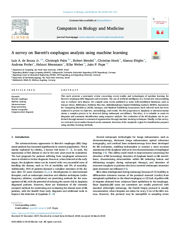 (PDF) A survey on Barrett's esophagus analysis using machine learning