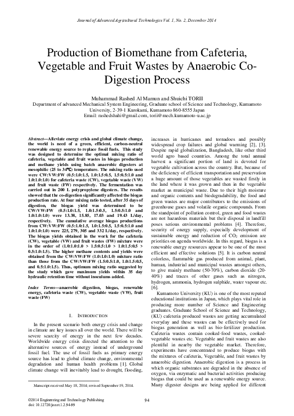 (PDF) Production of Biomethane from Cafeteria, Vegetable and Fruit ...