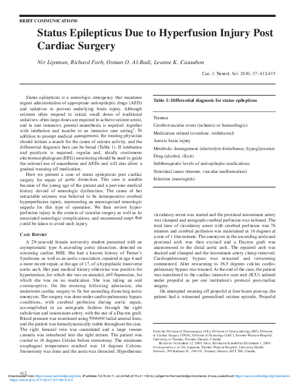 (PDF) Status Epilepticus Due to Hyperfusion Injury Post Cardiac Surgery