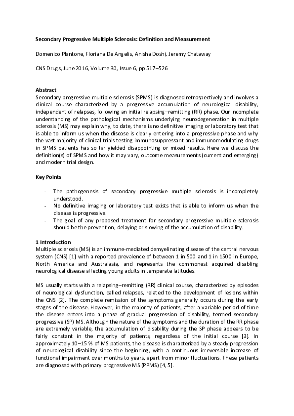 Pdf Secondary Progressive Multiple Sclerosis Definition And Measurement 0288
