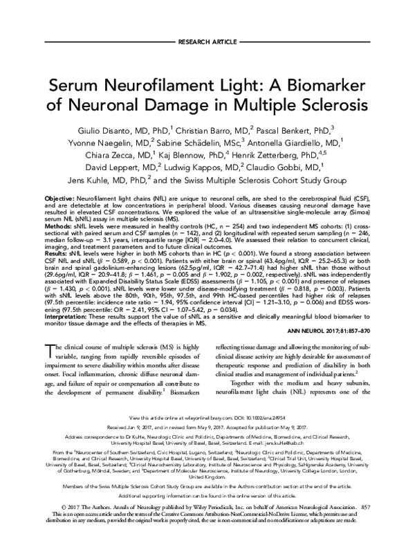 (PDF) Faculty of 1000 evaluation for Serum Neurofilament light: A biomarker of neuronal damage ...