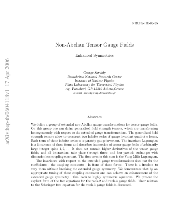 Pdf Non Abelian Tensor Gauge Fields Enhanced Symmetries George Savvidy