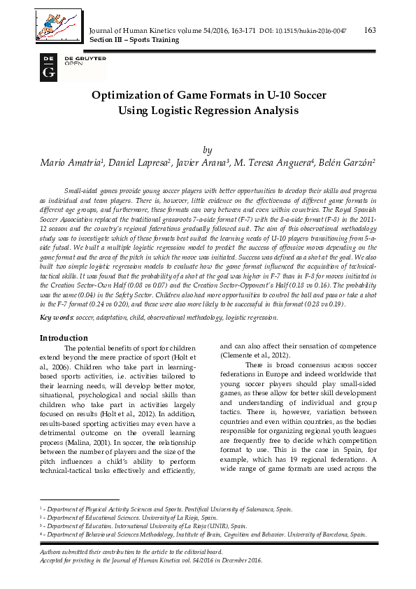 (PDF) Optimization of Game Formats in U-10 Soccer Using Logistic Regression Analysis