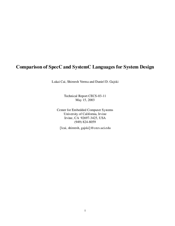 (PDF) Comparison of SpecC and SystemC Languages for System Design