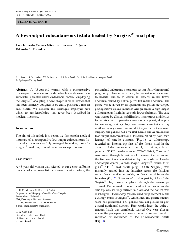 (PDF) A low-output colocutaneous fistula healed by Surgisis® anal plug
