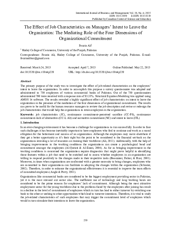 (PDF) The Effect of Job Characteristics on Managers’ Intent to Leave the Organization: The ...