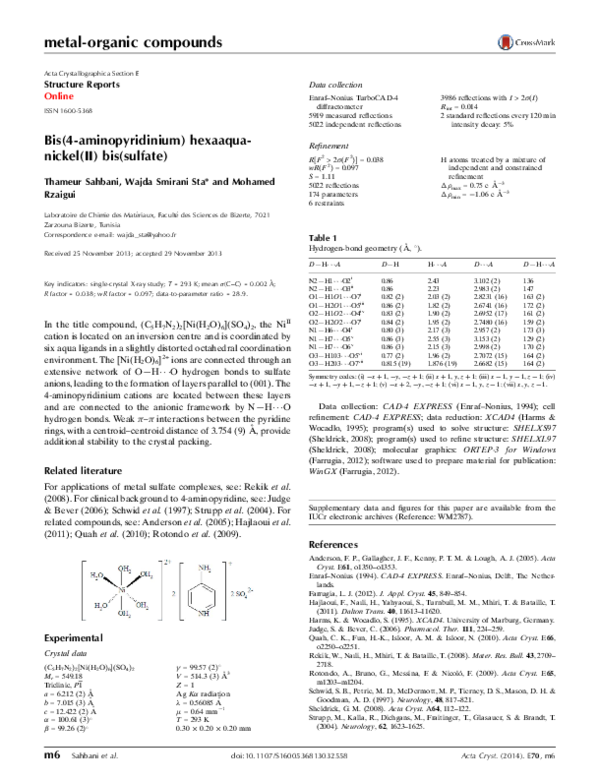 (PDF) Bis(4-aminopyridinium) hexaaquanickel(II) bis(sulfate)