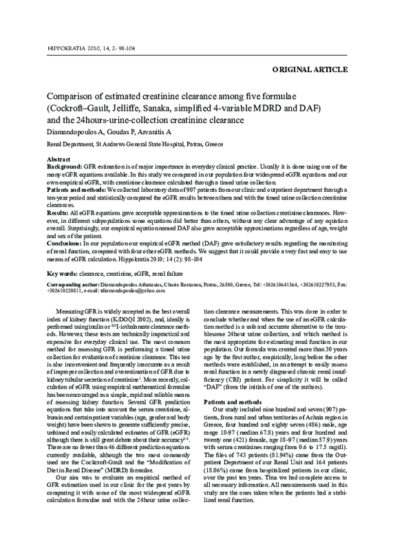 (PDF) Comparison of estimated creatinine clearance among five formulae ...