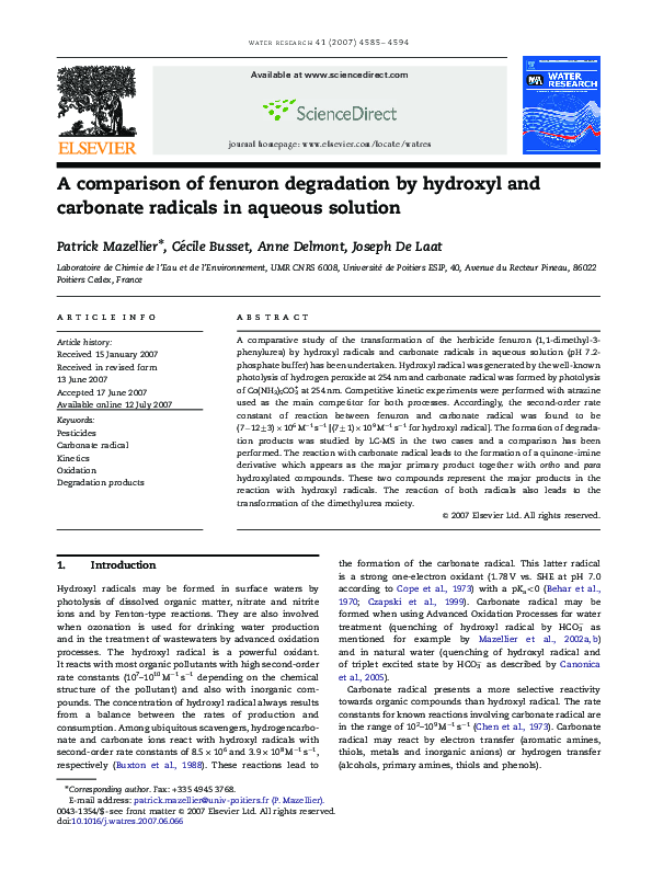 (PDF) A comparison of fenuron degradation by hydroxyl and carbonate ...