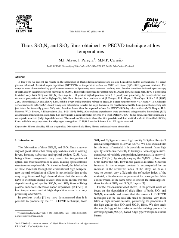 Pdf Thick Sioxny And Sio2 Films Obtained By Pecvd Technique At Low Temperatures