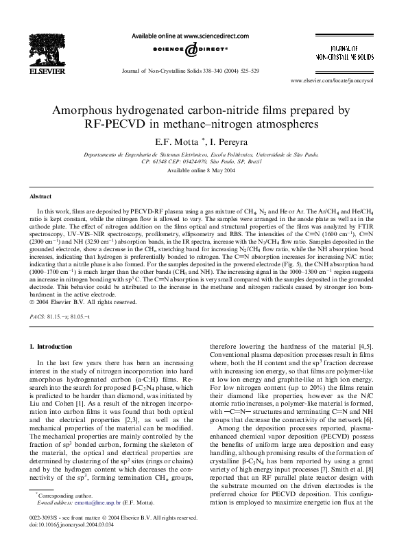 (PDF) Amorphous hydrogenated carbon-nitride films prepared by RF-PECVD ...