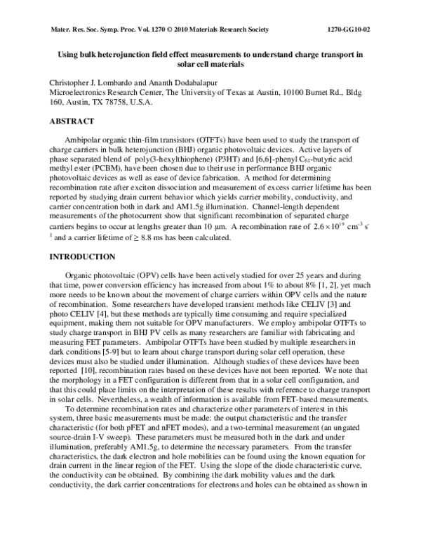 (PDF) Using Bulk Heterojunction Field Effect Measurements to Understand ...
