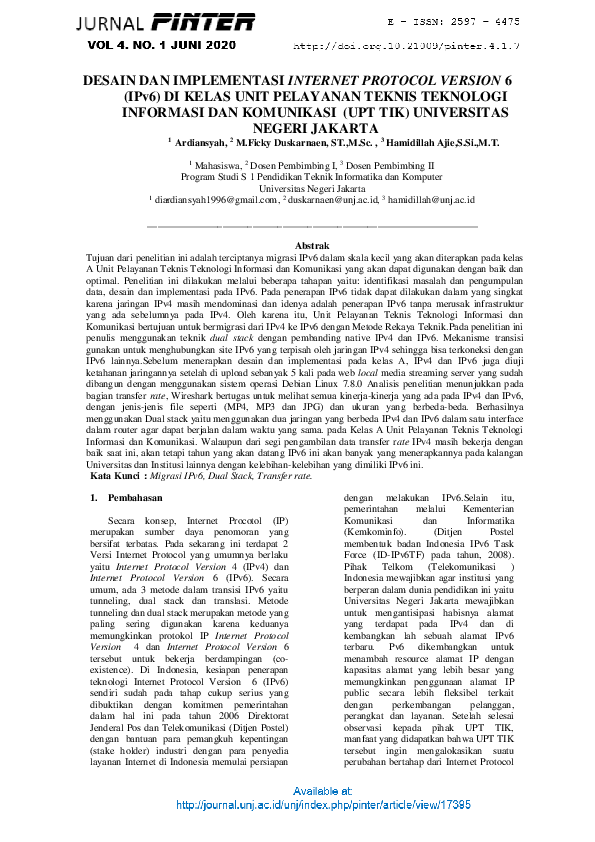 (PDF) DESAIN DAN IMPLEMENTASI INTERNET PROTOCOL VERSION 6 (IPv6) DI ...