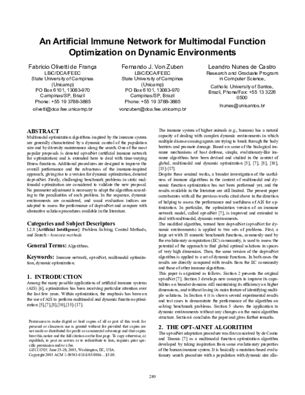 Pdf An Artificial Immune Network For Multimodal Function Optimization