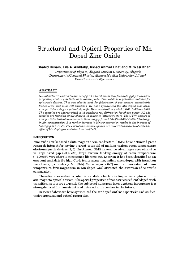 (PDF) Structural and optical properties of Mn doped Zinc oxide