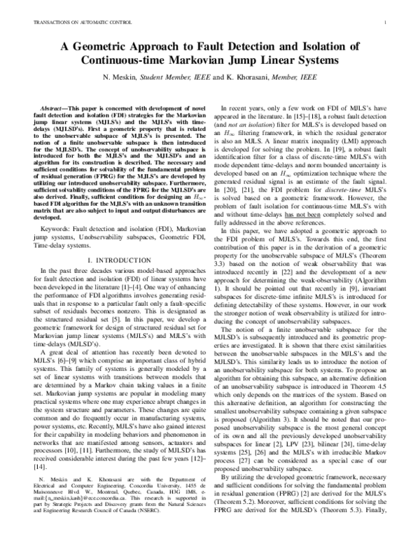 Pdf A Geometric Approach To Fault Detection And Isolation For