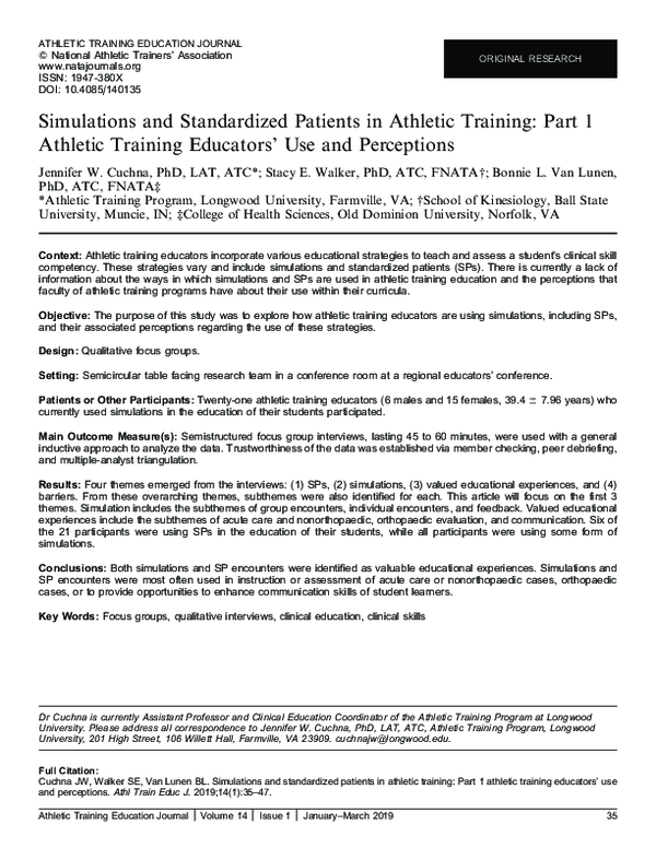 (PDF) Simulations and Standardized Patients in Athletic Training: Part 1 Athletic Training ...