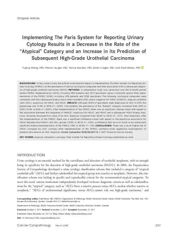 (PDF) Implementing The Paris System for Reporting Urinary Cytology ...