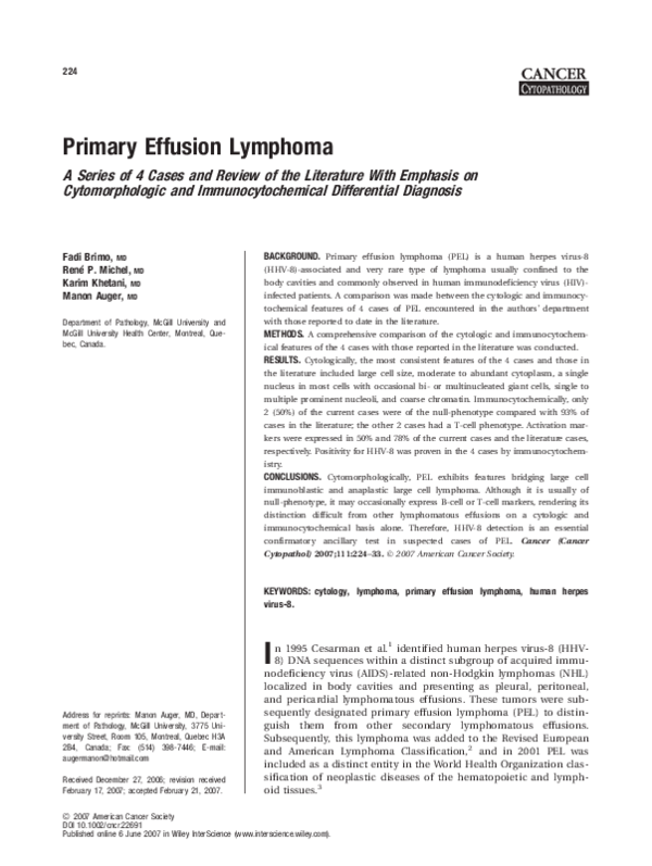 (PDF) Primary effusion lymphoma: A series of 4 cases and review of the literature with emphasis ...