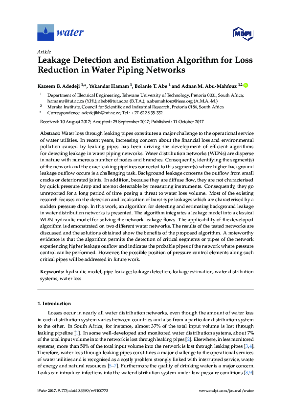 Pdf Leakage Detection And Estimation Algorithm For Loss Reduction In Water Piping Networks