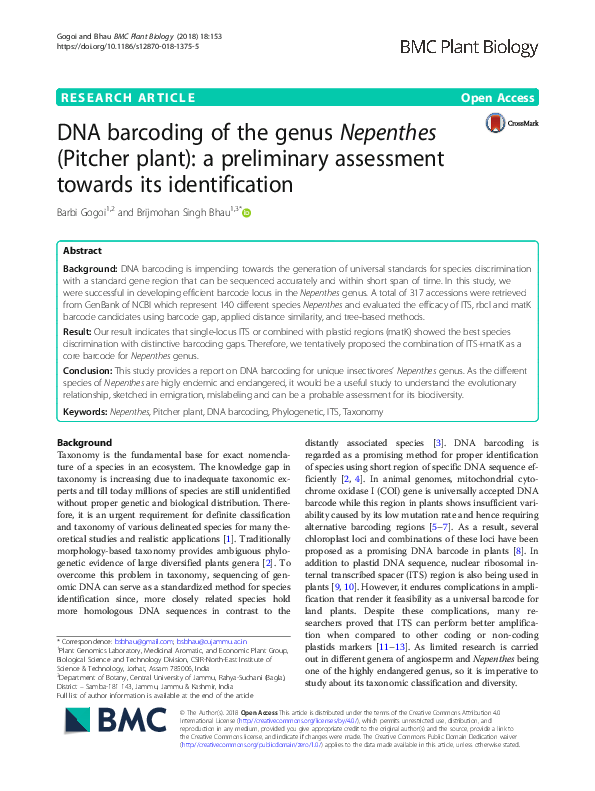 (PDF) DNA barcoding of the genus Nepenthes (Pitcher plant): a ...