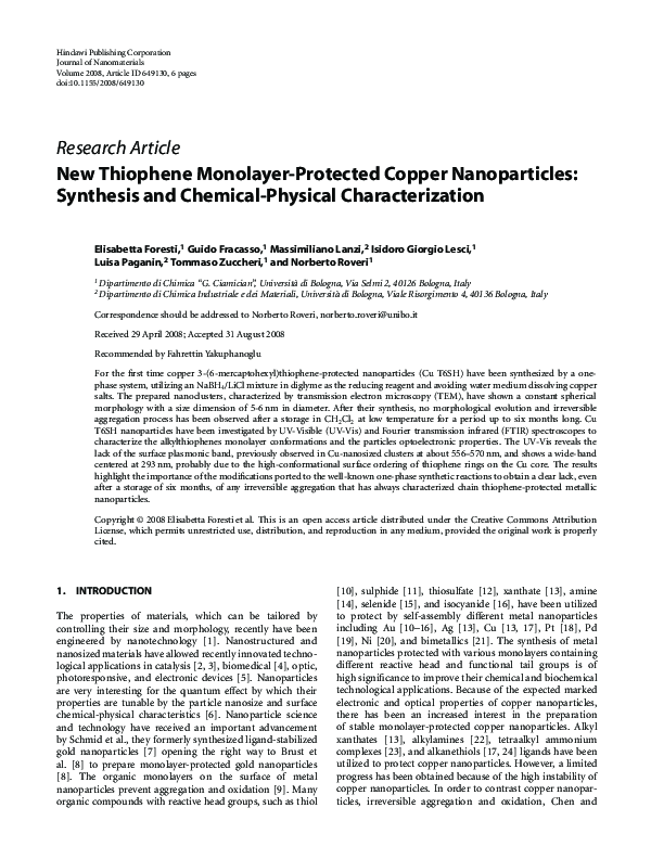 (PDF) New Thiophene Monolayer-Protected Copper Nanoparticles: Synthesis ...
